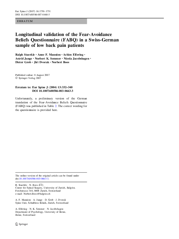Pdf Longitudinal Validation Of The Fear Avoidance Beliefs Questionnaire Fabq In A Swiss