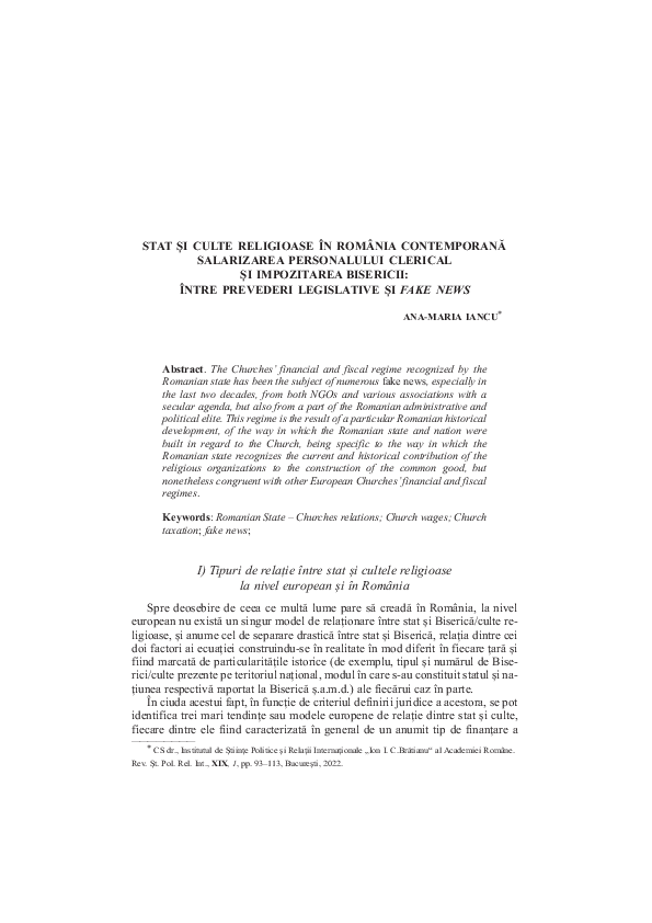 (PDF) Stat și culte religioase în România contemporană. Salarizarea ...