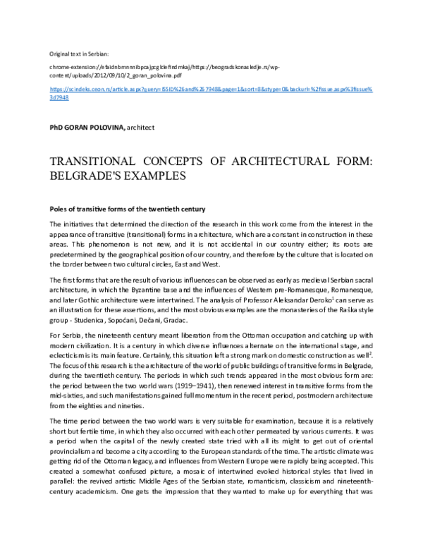 (PDF) TRANSITIONAL CONCEPTS OF ARCHITECTURAL FORM: BELGRADE'S EXAMPLES
