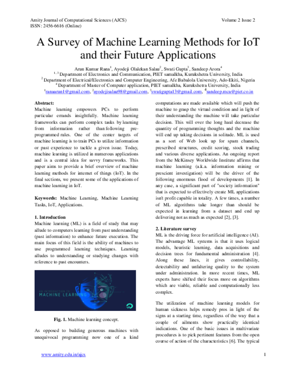 (PDF) Machine learning methods for IoT and their Future Applications