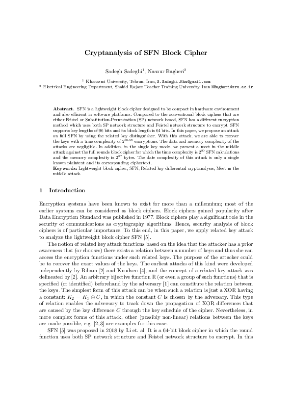 (PDF) Cryptanalysis of SFN Block Cipher