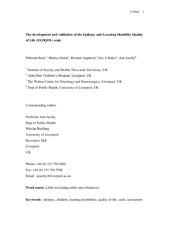 (PDF) The development and validation of the Epilepsy and Learning Disabilities Quality of Life ...