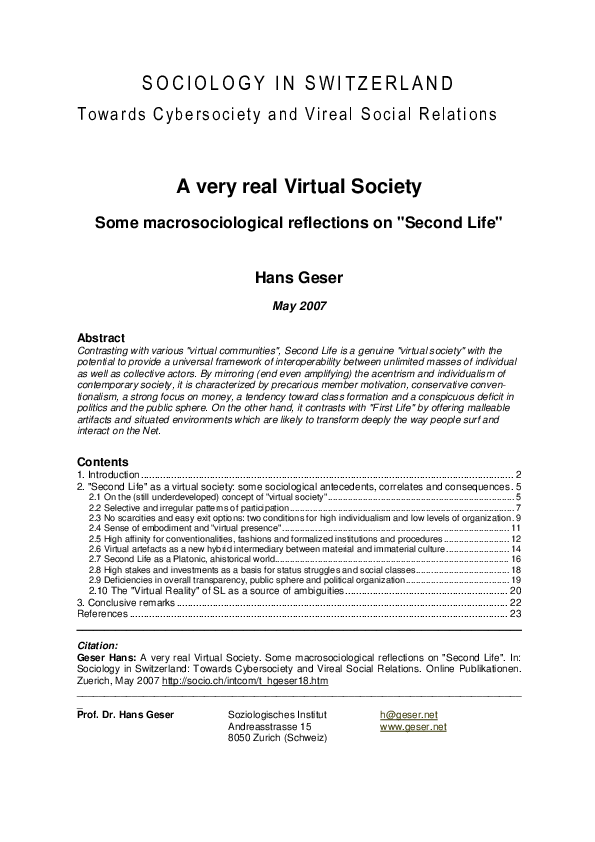 (PDF) A very real Virtual Society