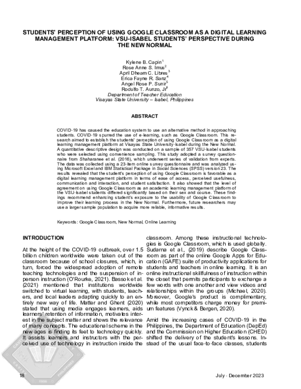 (PDF) STUDENTS' PERCEPTION OF USING GOOGLE CLASSROOM AS A DIGITAL LEARNING MANAGEMENT PLATFORM ...