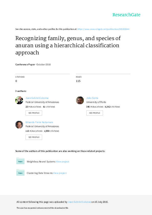 (PDF) Recognizing Family, Genus, and Species of Anuran Using a Hierarchical Classification Approach