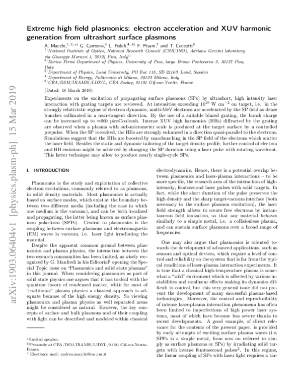 (PDF) Extreme high field plasmonics: Electron acceleration and XUV harmonic generation from ...
