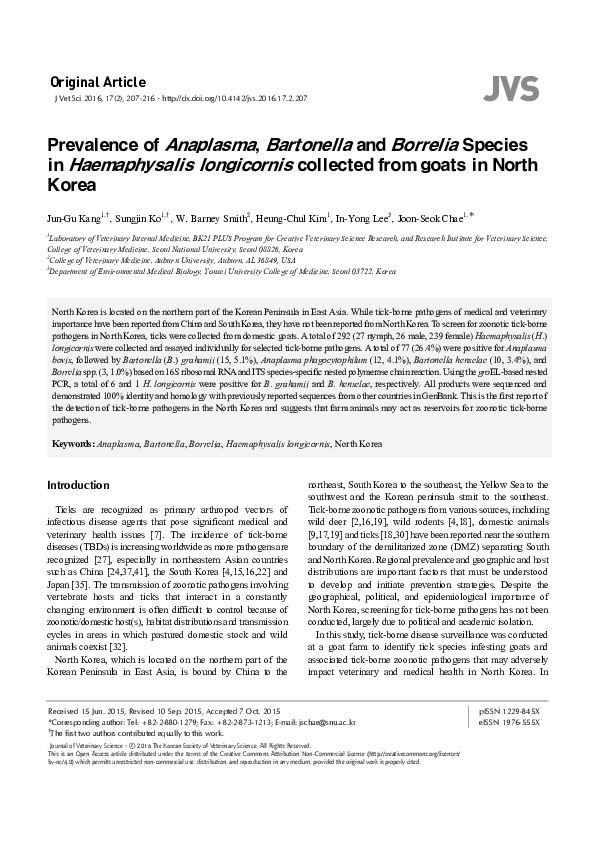 (PDF) Prevalence of Anaplasma , Bartonella and Borrelia Species in ...