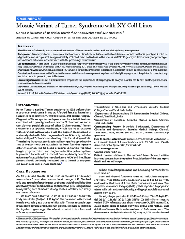 (PDF) Mosaic Variant of Turner Syndrome with XY Cell Lines