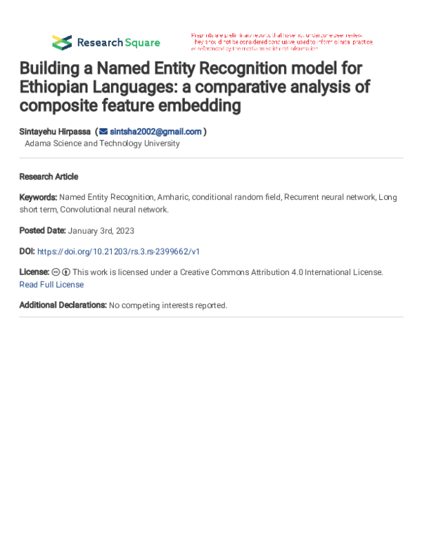(PDF) Building a Named Entity Recognition model for Ethiopian Languages: a comparative analysis ...