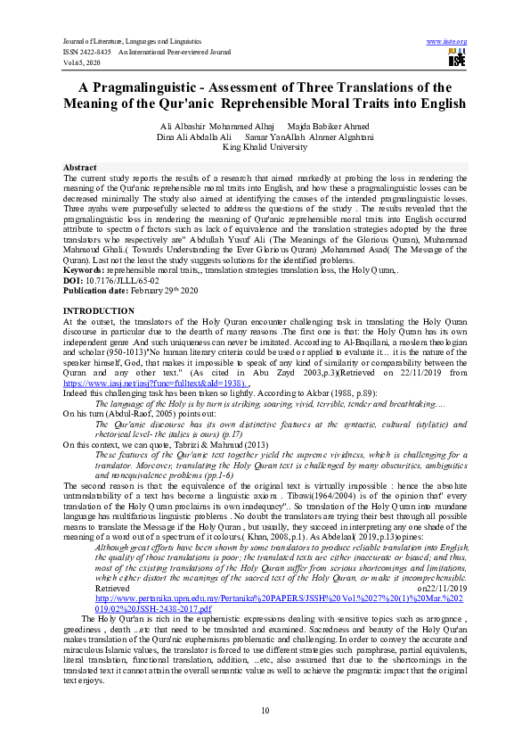 (PDF) A Pragmalinguistic - Assessment of Three Translations of the ...