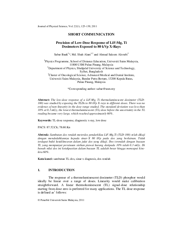 (PDF) SHORT COMMUNICATION Precision of Low-Dose Response of LiF:Mg, Ti ...