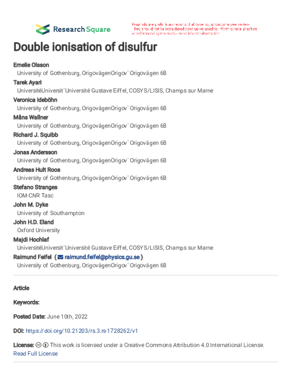 (PDF) Double ionisation of disulfur