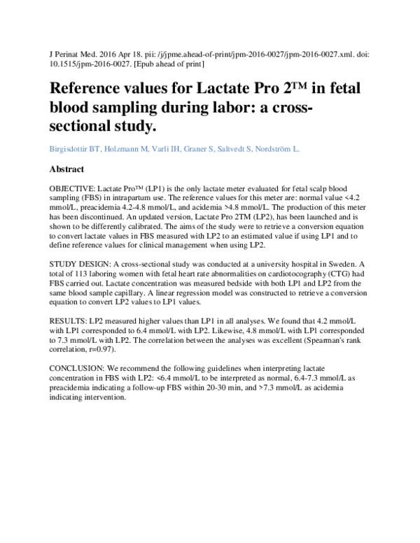 (PDF) Reference values for Lactate Pro 2™ in fetal blood sampling ...
