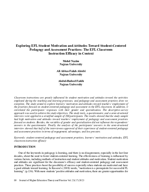 (PDF) Exploring EFL Student Motivation and Attitudes Toward Student-Centered Pedagogy and ...