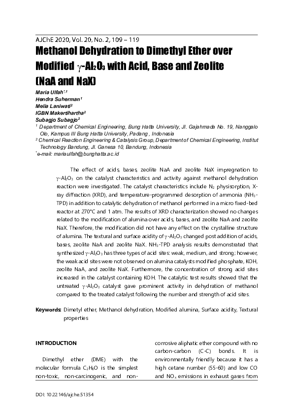 (PDF) Methanol Dehydration to Dimethyl Ether over Modified γ-Al2O3 with ...