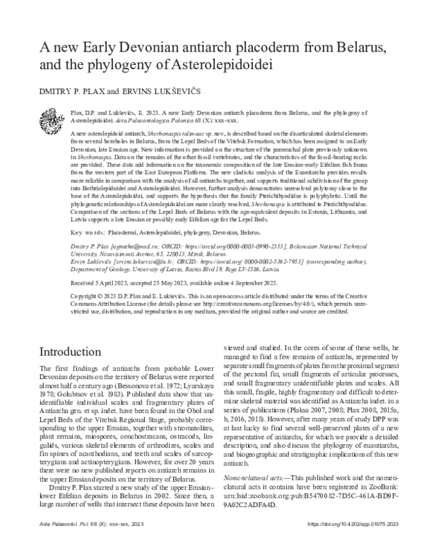 (PDF) A new Early Devonian antiarch (Placodermi) from Belarus and ...