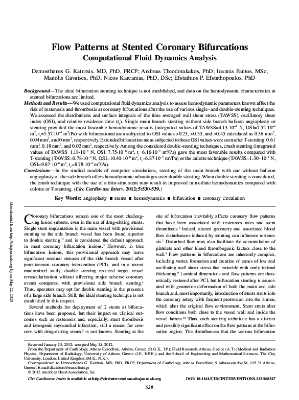 (PDF) Flow patterns at stented coronary bifurcations: computational fluid dynamics analysis