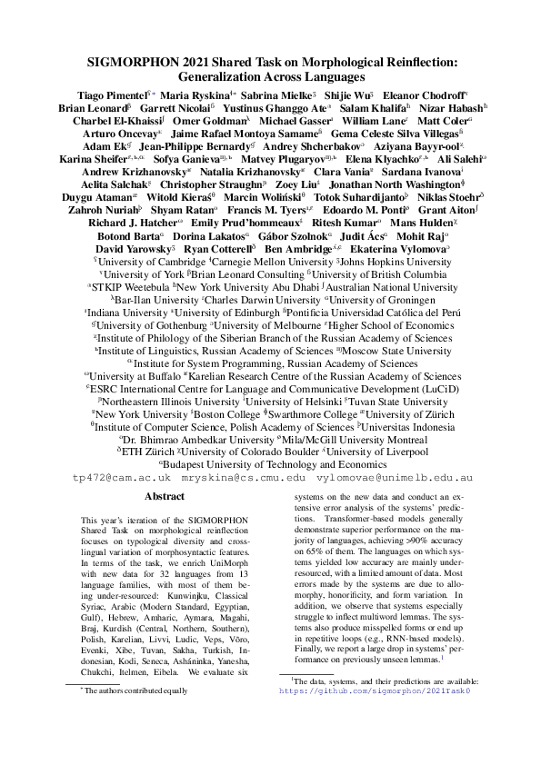 (PDF) SIGMORPHON 2021 Shared Task on Morphological Reinflection: Generalization Across Languages ...