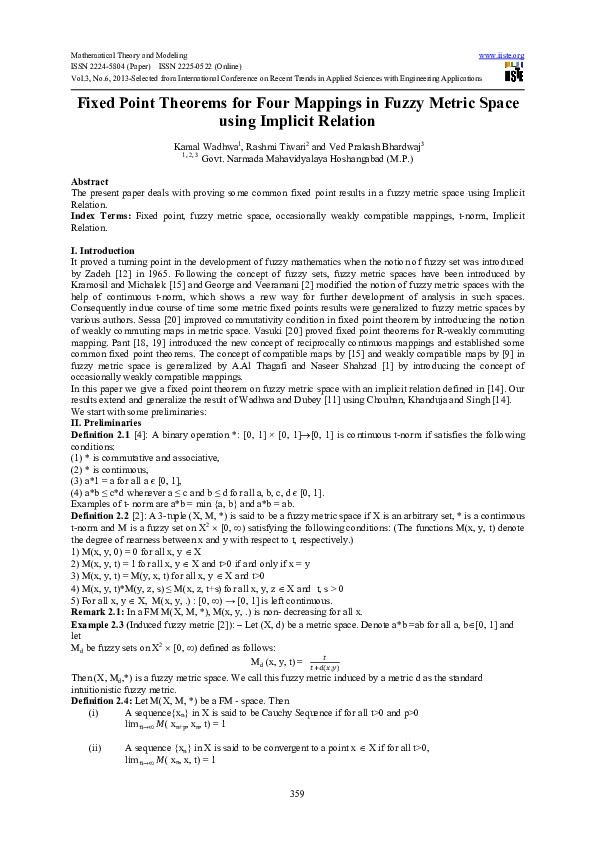 Pdf Fixed Point Theorems For Four Mappings In Fuzzy Metric Space Using Implicit Relation Ved