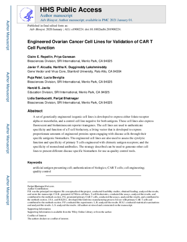 (PDF) Engineered Ovarian Cancer Cell Lines for Validation of CAR T Cell ...