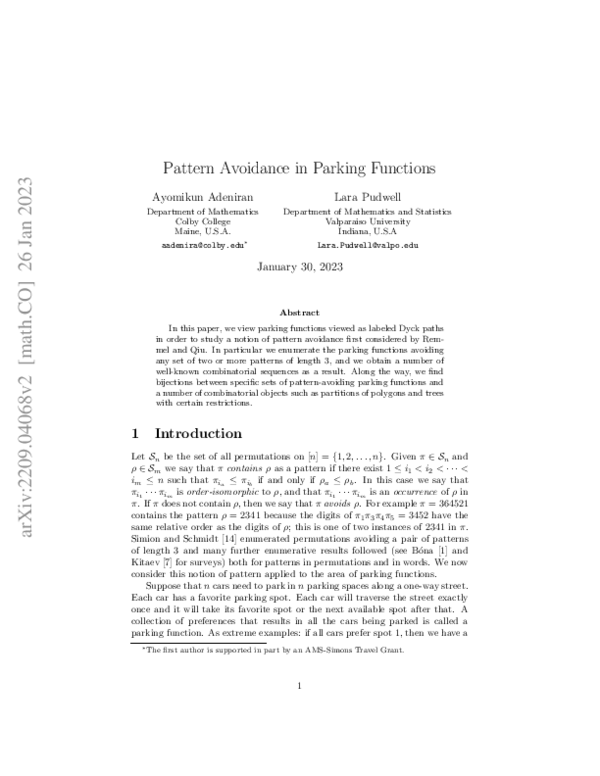 (PDF) Pattern Avoidance in Parking Functions | Ayomikun Adeniran - Academia.edu