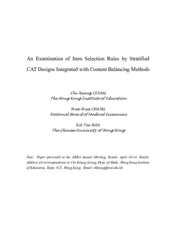(PDF) An examination of item selection rules by stratified CAT designs ...