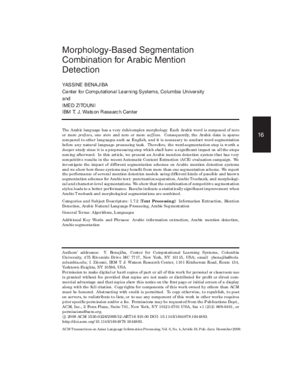 Pdf Morphology Based Segmentation Combination For Arabic Mention Detection Imed Zitouni