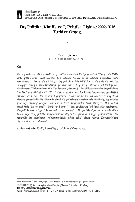 (PDF) Dış Politika, Kimlik ve İç Politika İlişkisi: 2002-2016 Türkiye ...