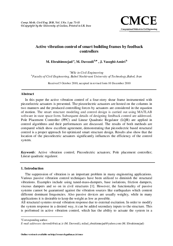 Active vibration control of smart building frames by feedback controllers
