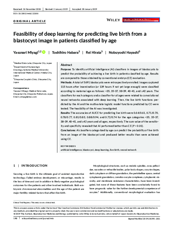 (PDF) Feasibility of deep learning for predicting live birth from a ...