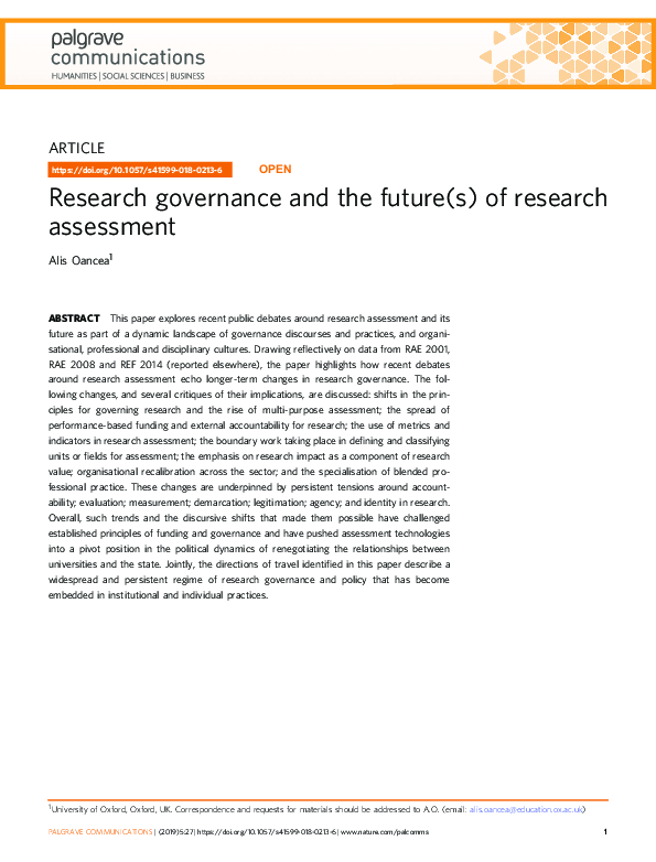 (PDF) Research governance and the future(s) of research assessment