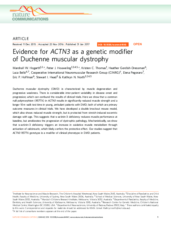 (PDF) Evidence for ACTN3 as a genetic modifier of Duchenne muscular ...