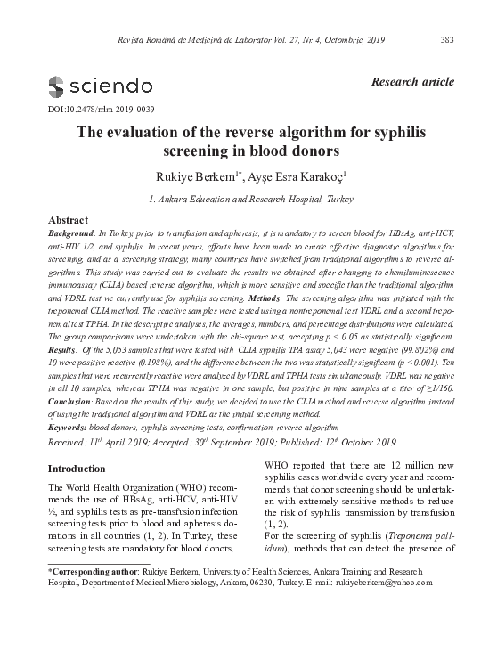 (PDF) The evaluation of the reverse algorithm for syphilis screening in ...