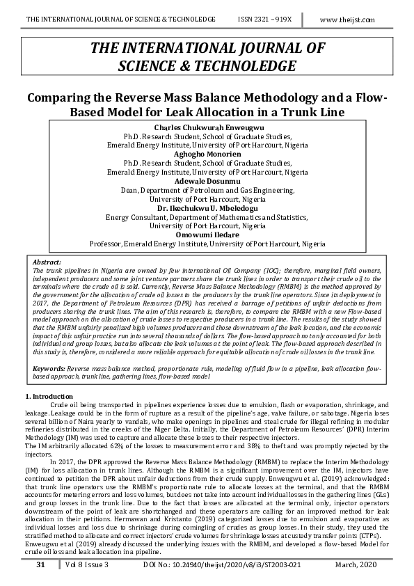 (PDF) Comparing the Reverse Mass Balance Methodology and a Flow-Based Model for Leak Allocation ...