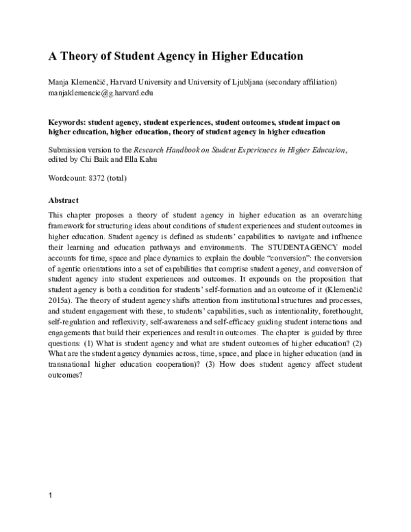 (DOC) A Theory of Student Agency in Higher Education