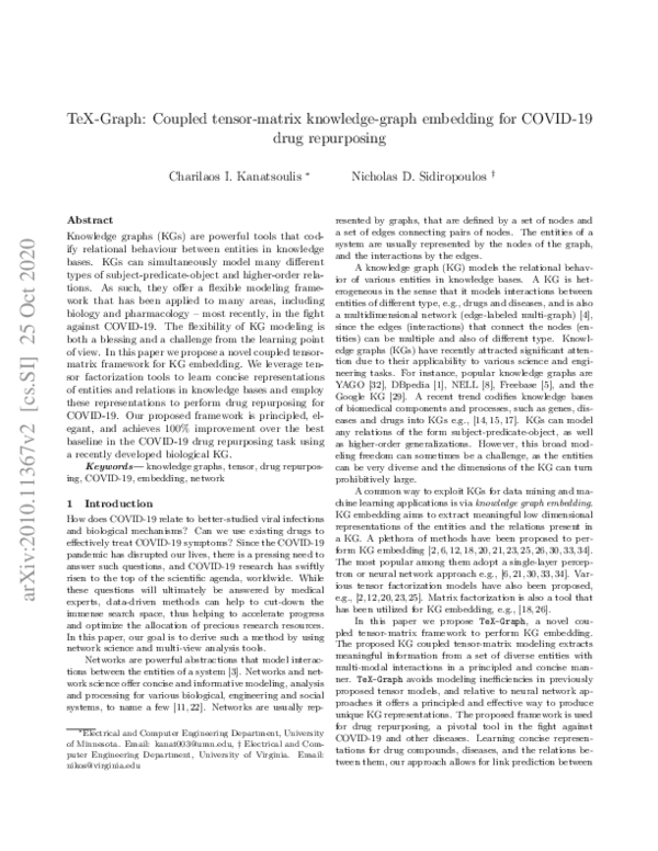 (PDF) TeX-Graph: Coupled tensor-matrix knowledge-graph embedding for COVID-19 drug repurposing