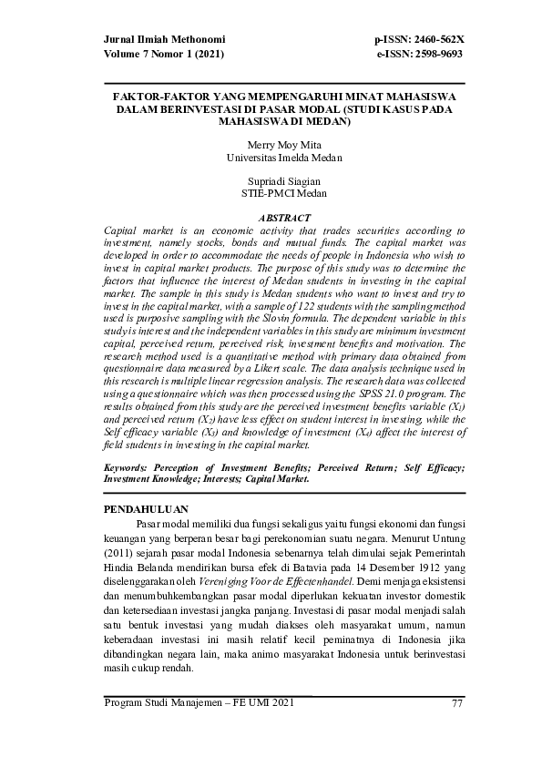 (PDF) FAKTOR-FAKTOR YANG MEMPENGARUHI MINAT MAHASISWA DALAM BERINVESTASI DI PASAR MODAL Studi ...