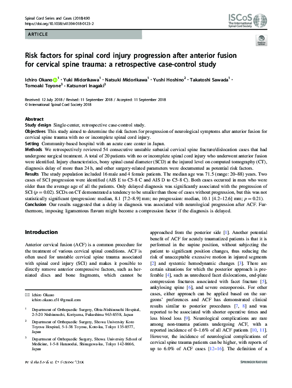 (PDF) Risk factors for spinal cord injury progression after anterior ...