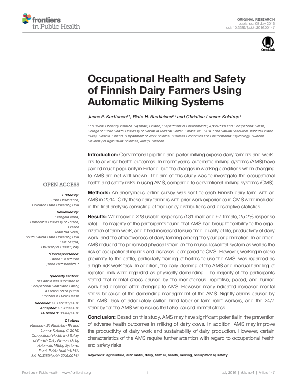 (PDF) Occupational Health and Safety of Finnish Dairy Farmers Using Automatic Milking Systems