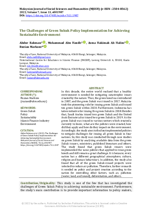 (PDF) The Challenges of Green Sukuk Policy Implementation for Achieving ...
