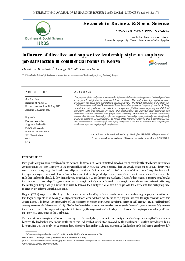 (PDF) Influence of directive and supportive leadership styles on ...