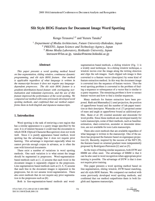(PDF) Slit Style HOG Feature for Document Image Word Spotting