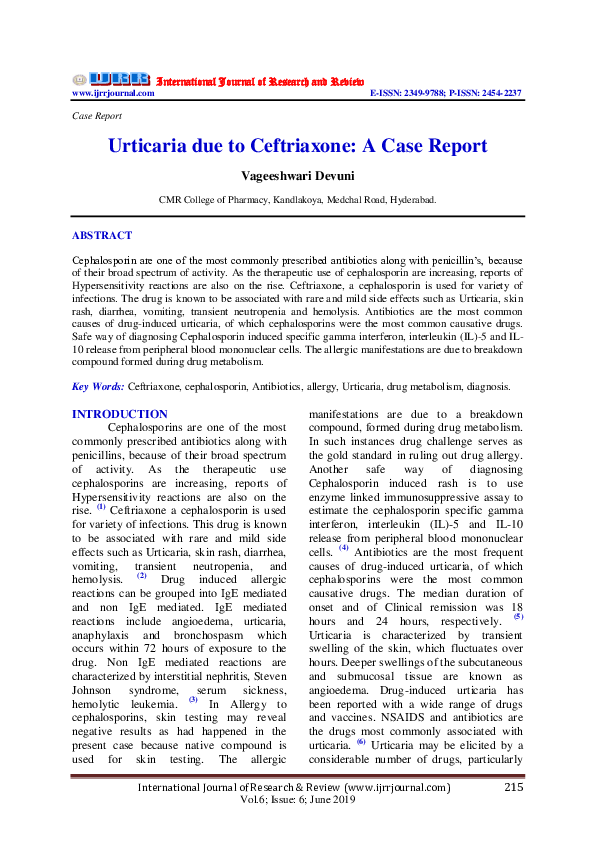 (PDF) Urticaria due to Ceftriaxone: A Case Report