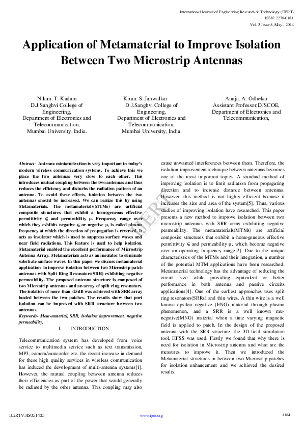 (PDF) Application of Metamaterial to Improve Isolation Between Two Microstrip Antennas