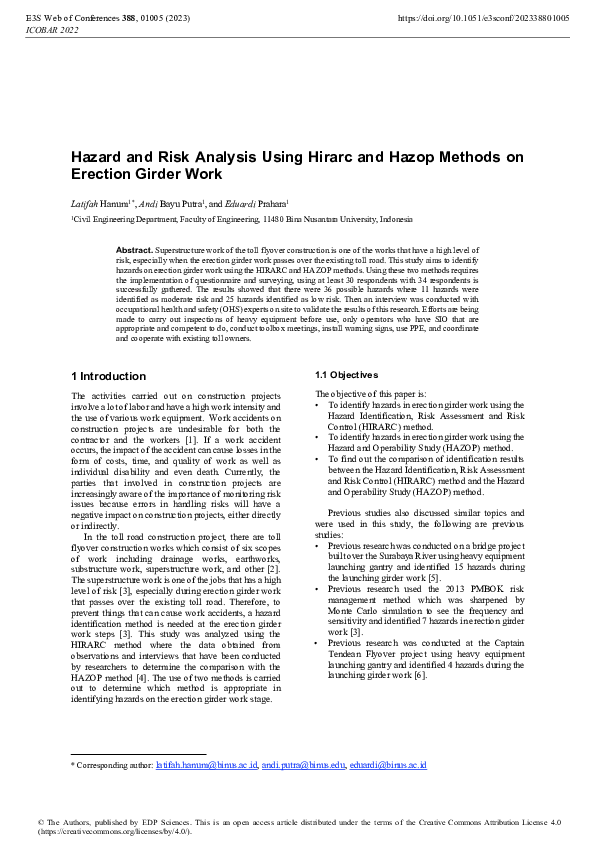 (PDF) Hazard and Risk Analysis Using Hirarc and Hazop Methods on Erection Girder Work