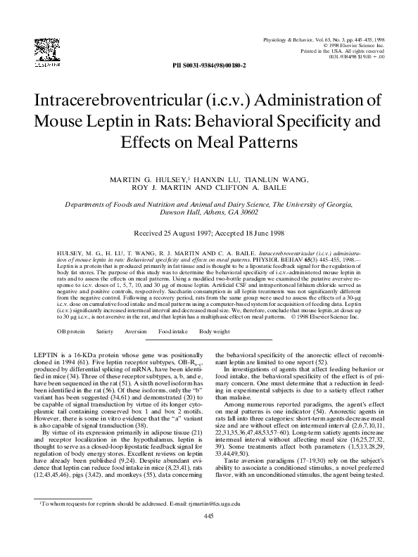 (PDF) Intracerebroventricular (i.c.v.) Administration of Mouse Leptin ...