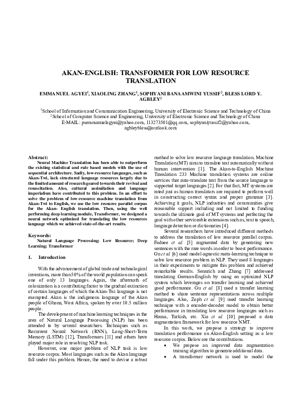 (PDF) AKAN-ENGLISH: TRANSFORMER FOR LOW RESOURCE TRANSLATION