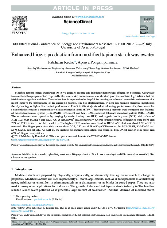 (PDF) Enhanced biogas production from modified tapioca starch wastewater