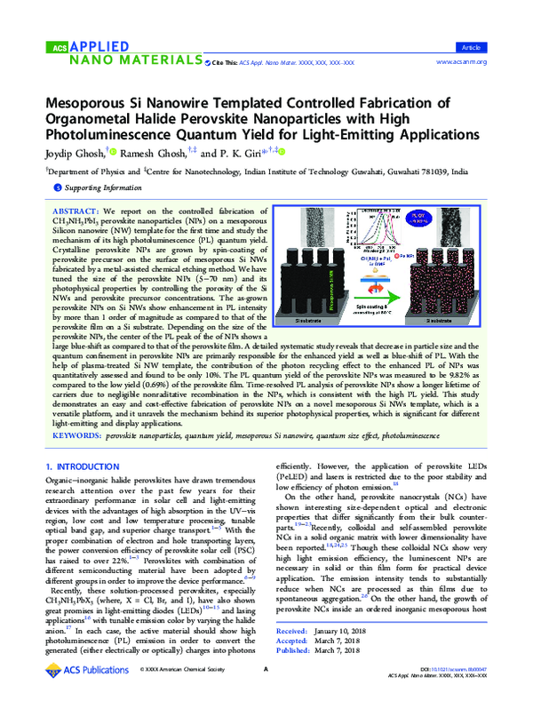 (PDF) Mesoporous Si Nanowire Templated Controlled Fabrication of Organometal Halide Perovskite ...