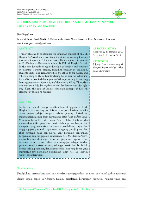 (PDF) REORIENTASI PEMIKIRAN PENDIDIKAN KH. M. HASYIM ASY‘ARI: Etika dalam Pendidikan Islam